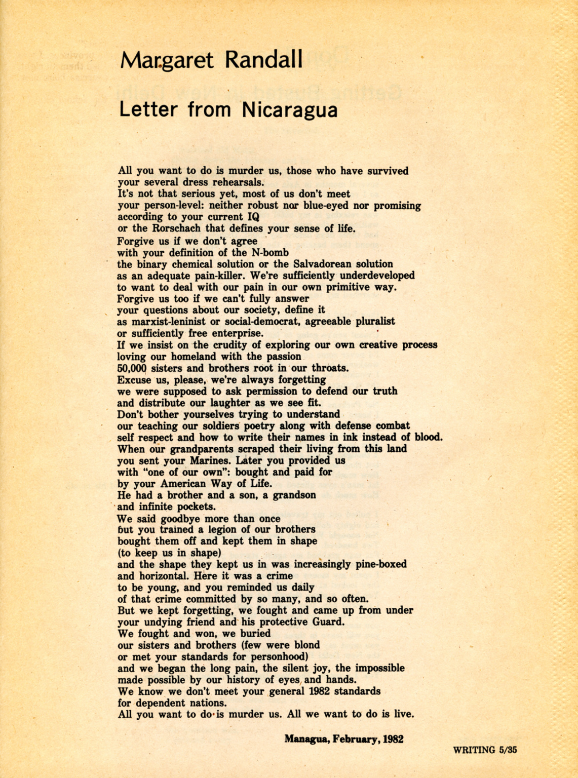 "Letter from Nicaragua" | From a Secret Location